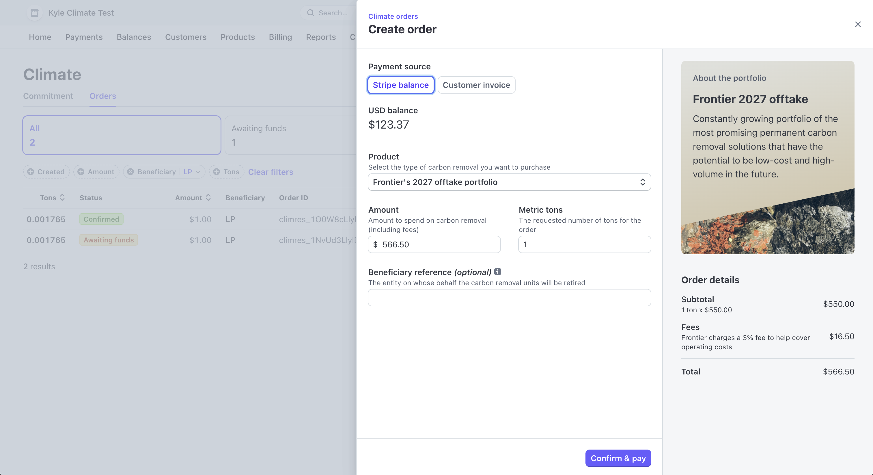 Order carbon removal | Stripe Documentation