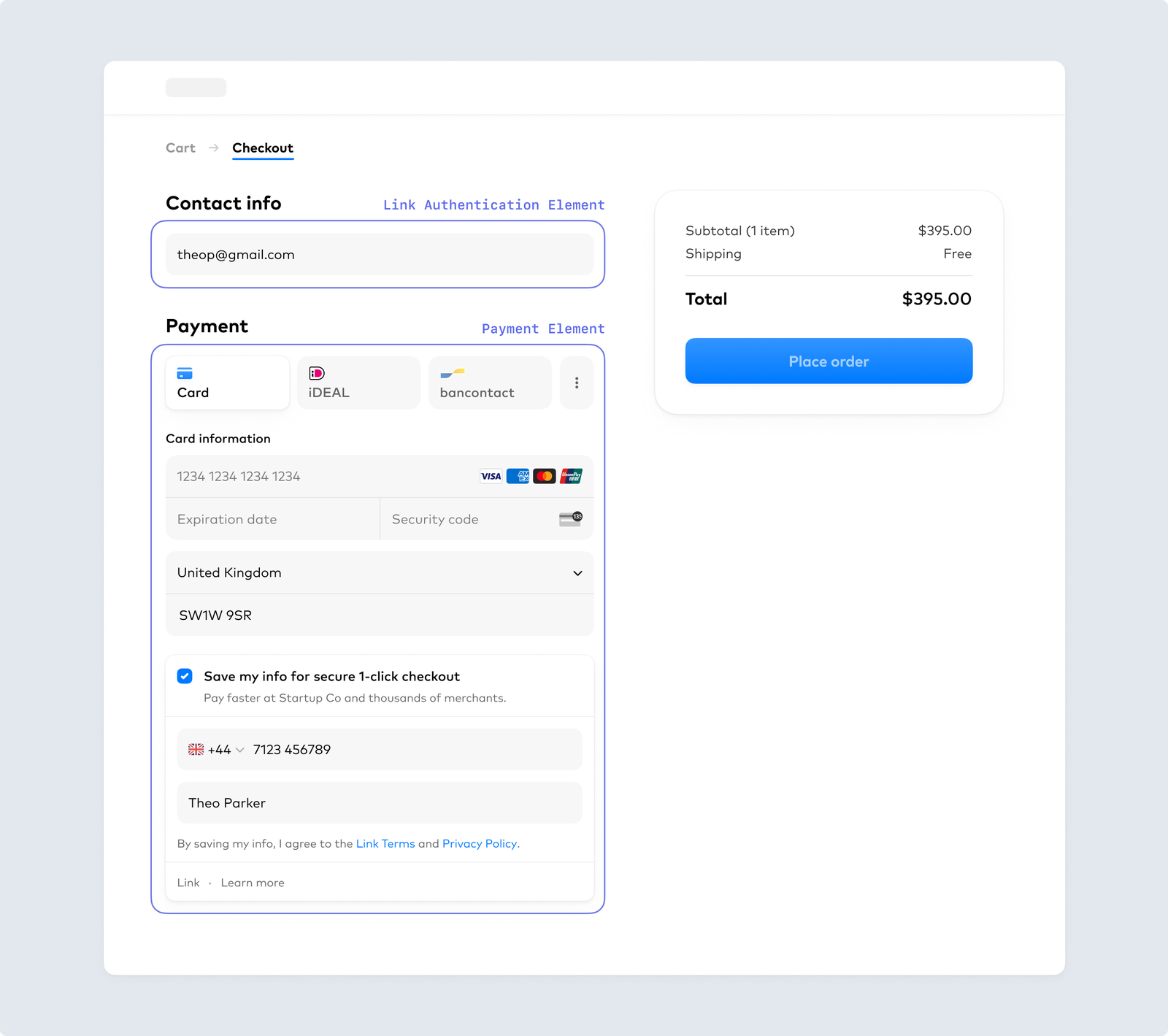 Build a custom checkout page that includes Link | Stripe Documentation
